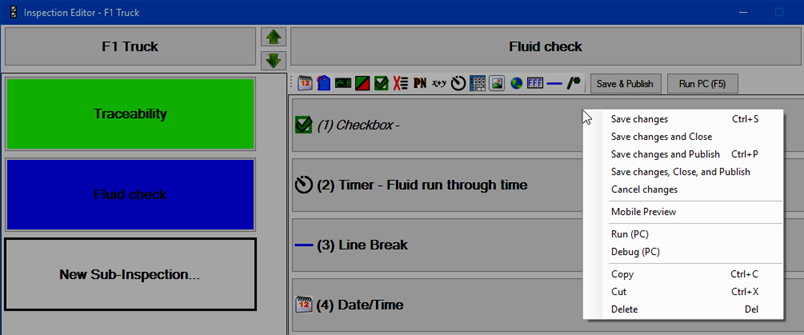 Inspection Editor right-click options